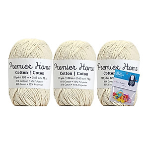 Premier Home Cotton Yarn 3-Pack - 2.65 Oz - Medium 4 - Bundle with Bella's Crafts Stitch Markers (Cream)