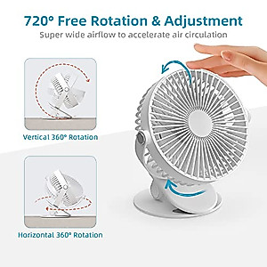 TOAOB Portable Clip Fan with Sturdy Clamp, Quiet Personal Desk Fan, 3 Speeds, Rechargeable Battery Operated Fan for Outdoor Indoor - White