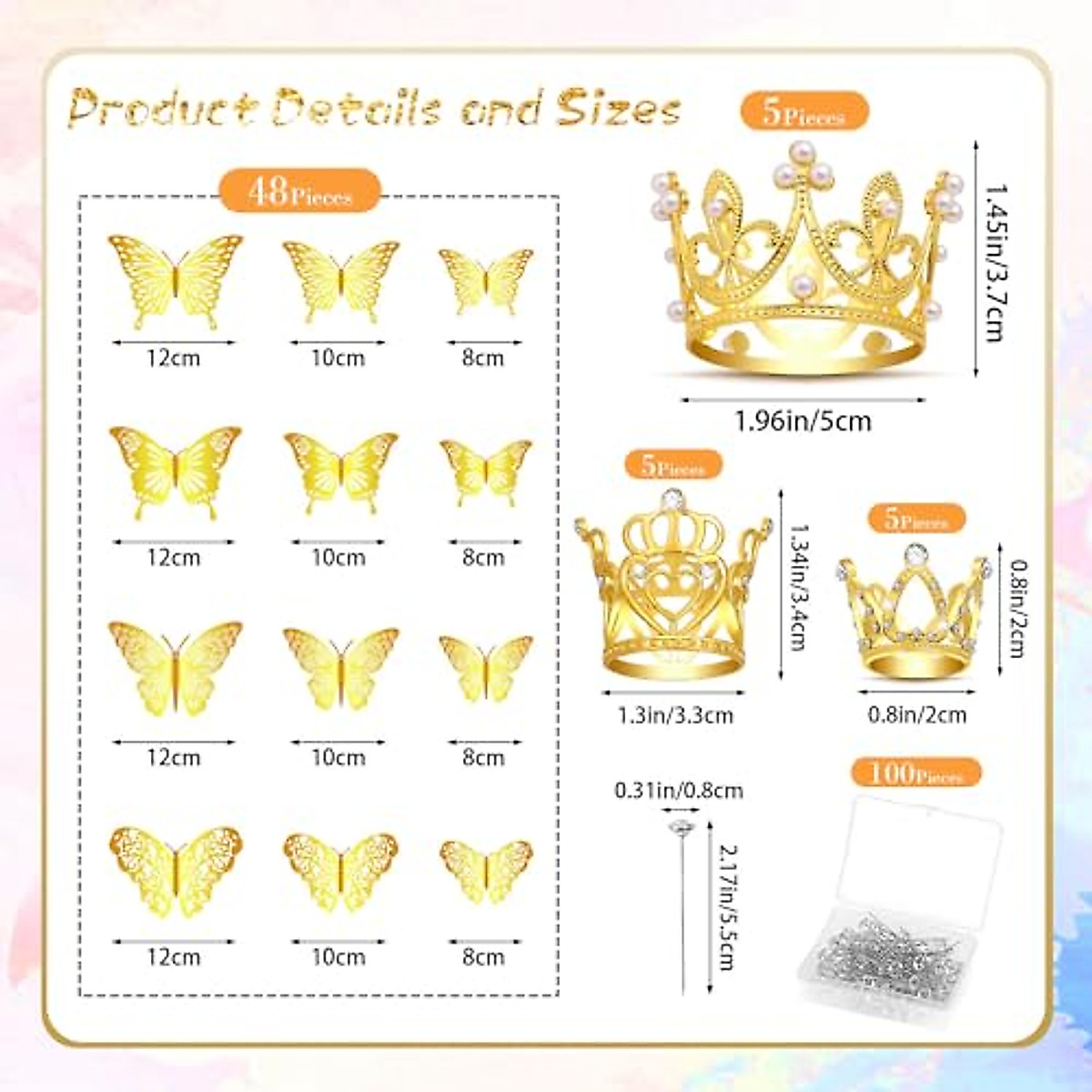 cridoz 163Pcs Flower Bouquet Accessories, 15Pcs Mini Crowns with 48Pcs Gold 3D Butterfly Decorations and 100Pcs Corsage Boutonniere Pins for Flower Arrangements, Small Crowns for Cake Topper