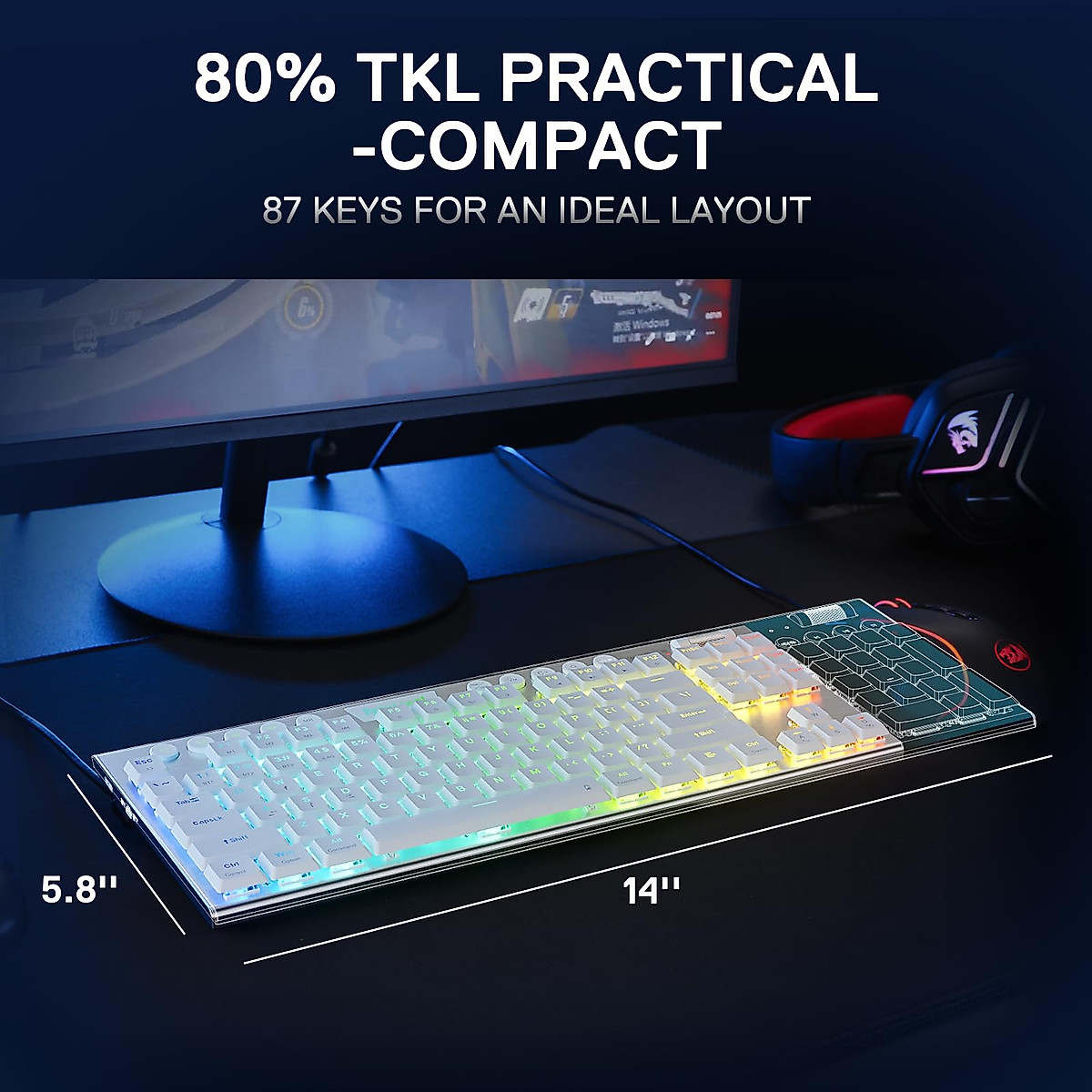 Redragon K621 Horus TKL Wireless RGB Mechanical Keyboard, 5.0 BT/2.4 Ghz/Wired Three Modes 80% Ultra-Thin Low Profile BT Keyboard w/Dedicated Media Control & Tactile Brown Switches, White