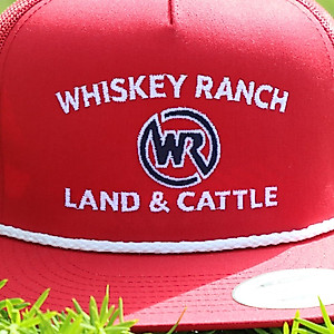 WHISKEY BENT HAT CO. Whiskey Ranch Land & Cattle, Mesh Snapback Trucker Hats w/Rope (US, Alpha, One Size, Red Embroidered)