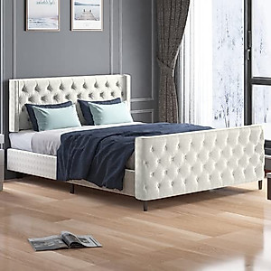 BALUS Upholstered Platform Bed Frame, Queen Size Button Tufted Bed Frame with Adjustable Headboard, Sturdy Wood Slat Support/No Box Spring Needed/Easy Assembly, Bright White