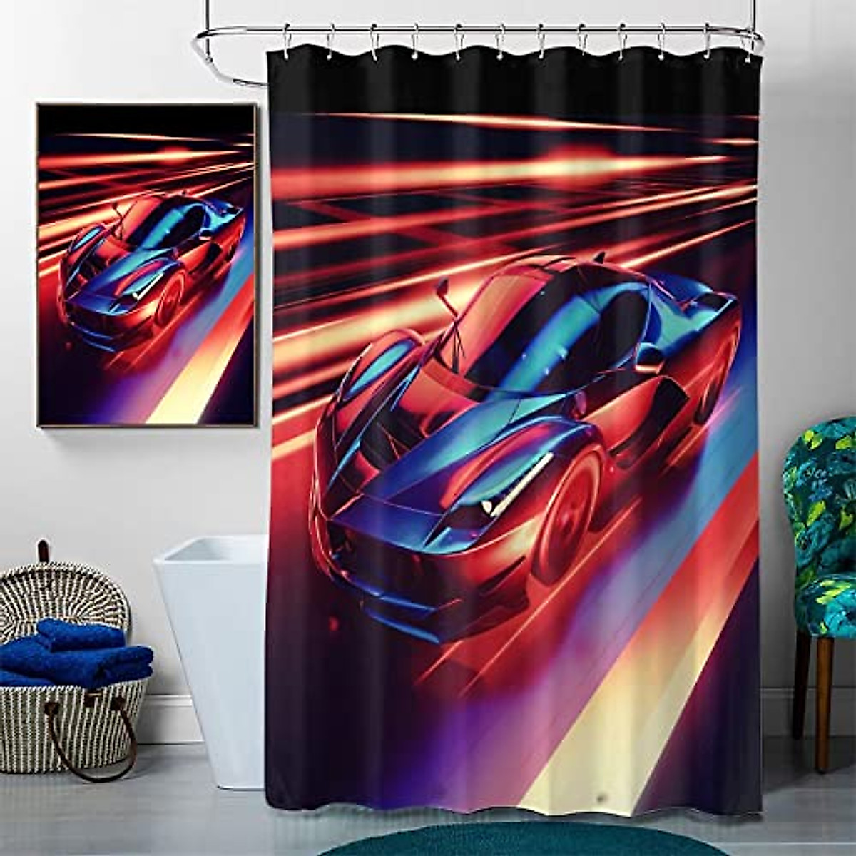 4 Piece Shower Curtain Sets Racing Extreme Sports Speed Games Automobile with Non-Slip Rugs Toilet Lid Cover and Bath Mat Bathroom Decor Set 72" x 72"