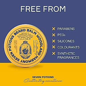 Seven Potions Beard Balm 2 oz. 100% Natural Softener with Jojoba Oil - Nourishes, Softens, Stops Itch, and Leaves Healthy Shiny Beard (Woodland Harmony)