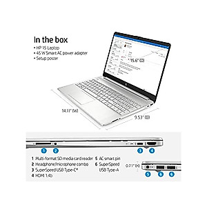 HP 2022 15.6" HD Laptop, Intel Core i3- 1115G4 Processor, 8GB DDR4, 256GB PCIe SSD , Intel HD Graphics, Wi-Fi, Bluetooth, HDMI, Windows 11 S, Natural Silver, 32GB SnowBell USB Card