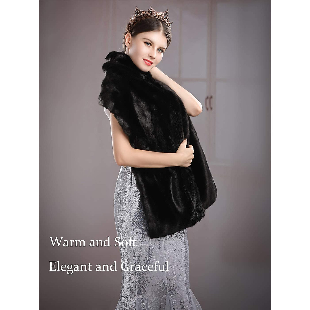 Unicra Women's Wedding Faux Fur Shawls and Wraps Bridal Fur Scarf Stoles with Rhinestones Brooch for Bride and Bridesmaids