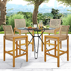 HAPPYGRILL Wicker Bar Stools Set of 2, Patio Chairs with Solid Wood Frame, Ergonomic Footrest, Indoor Outdoor Bar Height Chairs for Backyard Poolside Garden