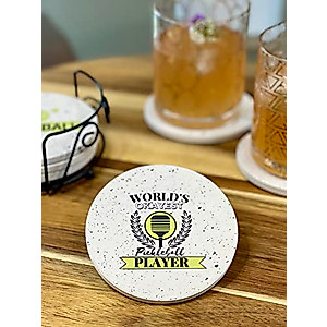 KCT Store Pickleball Gifts for Women and Men - Appreciation Gifts - Absorbent Ceramic Coasters 6pc - Metal Holder & Cylinder Kraft Gift Box Included