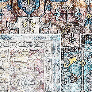 SAFAVIEH Aria Collection 6'5" Round Turquoise / Light Orange ARA191K Boho Chic Medallion Distressed Non-Shedding Dining Room Entryway Foyer Living Room Bedroom Area Rug