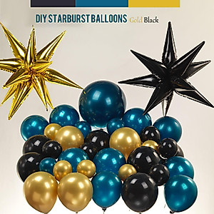 Chrome dark Teal and gold black Balloon Garland Kit 170Pcs Double-Stuffed Navy Teal Blue With Starburst Balloons for Birthday anniversary Baby Shower 2024 graduation prom Luxury shop decorations