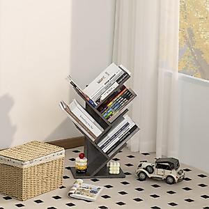 HXXUYY Tree Bookshelf, 4 Shelf Grey Floor Standing Bookcase,Wooden Bookshelves Storage Rack for CDs Movies Books,Display Book Organizer Shelves for Living Room Bedroom Home Office