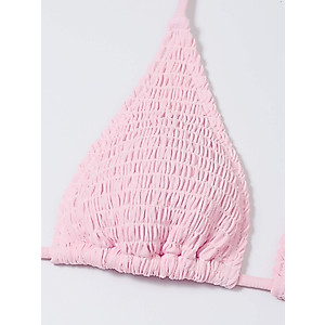 SweatyRocks Women's 2 Piece Triangle Bathing Suit Halter Top Tie Side Thong Bikini Swimsuits Pale Pink L