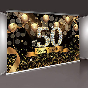 Sensfun 8x6ft Happy 50th Birthday Party Photography Backdrop Glitter Black and Gold Balloons Background for Woman Fabulous 50 Bday Party Decorations Shining Diamond Fifty Years Old Photo Booth Banner