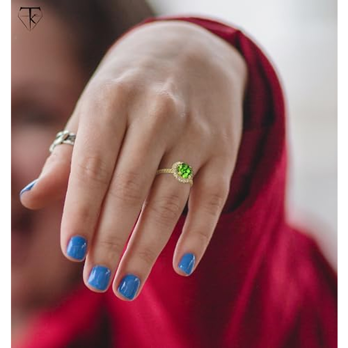 Takar Dainty 14k Yellow Gold Round Cut Genuine Peridot and Diamond Engagement Band Ring (Size 6.75)