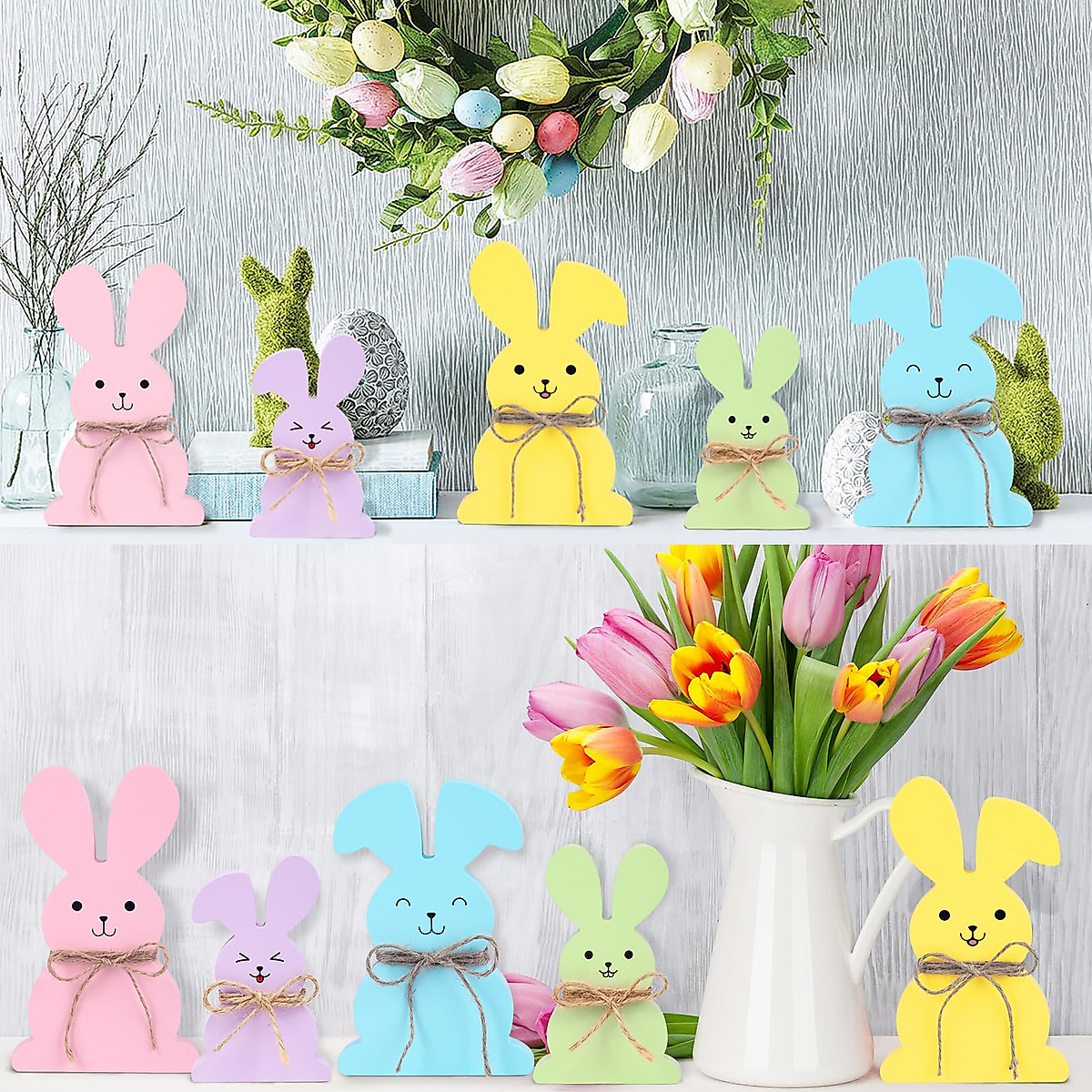 Inwnpio Easter Decorations for the Home - Easter Bunny Wooden Sign Table Decoration Centerpieces with Rope Tabletop Spring Decor 3PCS