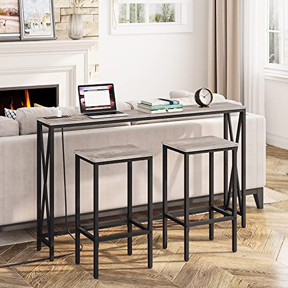 ALLOSWELL Bar Stools, Set of 2 Bar Chairs, Kitchen Breakfast Bar Stools with Footrest, 25.8" Dining Stools, Rectangular Industrial Bar Chairs, for Dining Room, Kitchen, Greige BAHG0101