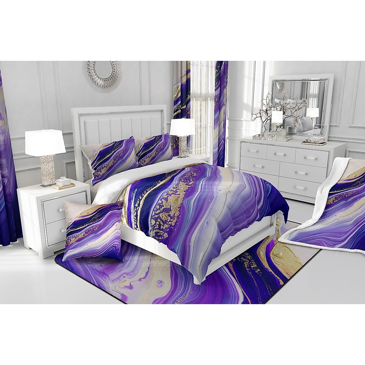 Erosebridal White and Purple Marbling Bedding Set Abstract Ombre Comforter Cover Golden Gradient Tie Dye Duvet Cover King,Iridescent Ink Fluid Art Marble Home Decor