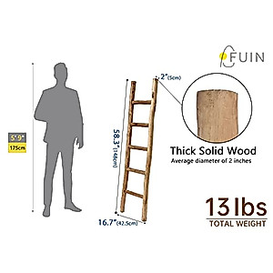 FUIN Fully Assembled 5 Ft Wood Decorative Wall Leaning Blanket Ladders Bathroom Storage Quilt Towel Display Rack Shelf Holder Rustic Farmhouse, Brown