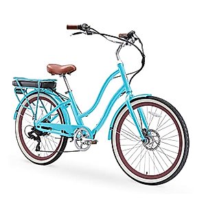 sixthreezero EVRYjourney Women's Electric Bike, 7-Speed Step Through Beach Cruiser eBike Bicycle, 250 Watt Motor, 26 Inch Wheels, Teal