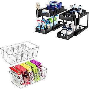 Puricon 2 Pack Under Sink Organizers and Storage 2-Tier Double Sliding Pull-out Drawer Bundle with 2 Pack Food Storage Bins, Stackable Organizer for Pantry Kitchen Fridge Clear Plastic Organizers