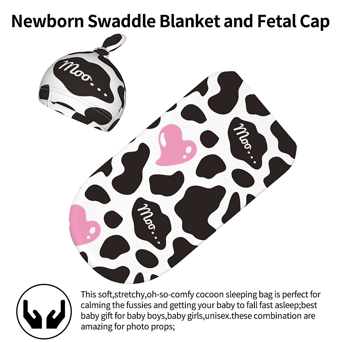 Cow Print Newborn Swaddle Blanket Baby Pink Heart Swaddle Blankets with Beanie Hat Sets Infant Gifts for Boys Girls Soft