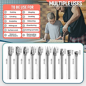 WHISTECK Carbide Rotary Burr Set - 10pcs Double Cut Tungsten Steel Die Grinder Bits, 1/8" Shank and 1/4" Head Length for Woodworking, Drilling, Metal Craving, Engraving, Polishing