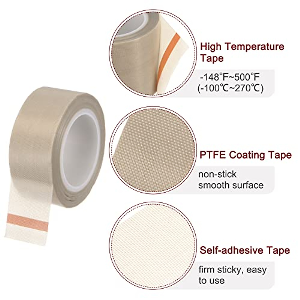 HARFINGTON Fabric PTFE Tape Roll, 1" x 33 ft High Temperature PTFE Adhesive Tape 0.13mm Thickness for Vacuum Sealer Machine Hand Impulse Sealers, Light Brown