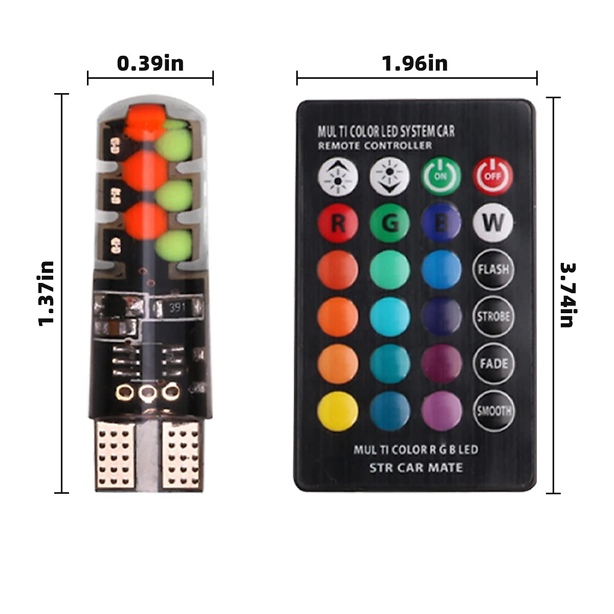HIPOPY Car T10 RGB LED Bulb Width Light with Remote Control, 2pcs Multi Mode Auto Replacement Strobe Light, COB Wedge for Interior Map Dome Door License Plate Light Reading Trunk Lights