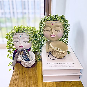 CLEECOO Face Planter Pots Head Double Flower Pots in One for Indoor and Outdoor with Drainage Hole(Large Size) (White)