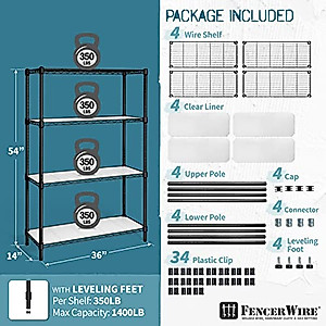 Fencer Wire NSF Adjustable Height Wire Shelving w/Liner, Basement Storage Shelving, Metal Steel Storage Shelves, Kitchen, Garage Shelving Storage Organizer, Utility Shelf, 4-Tier W/Liners, Black