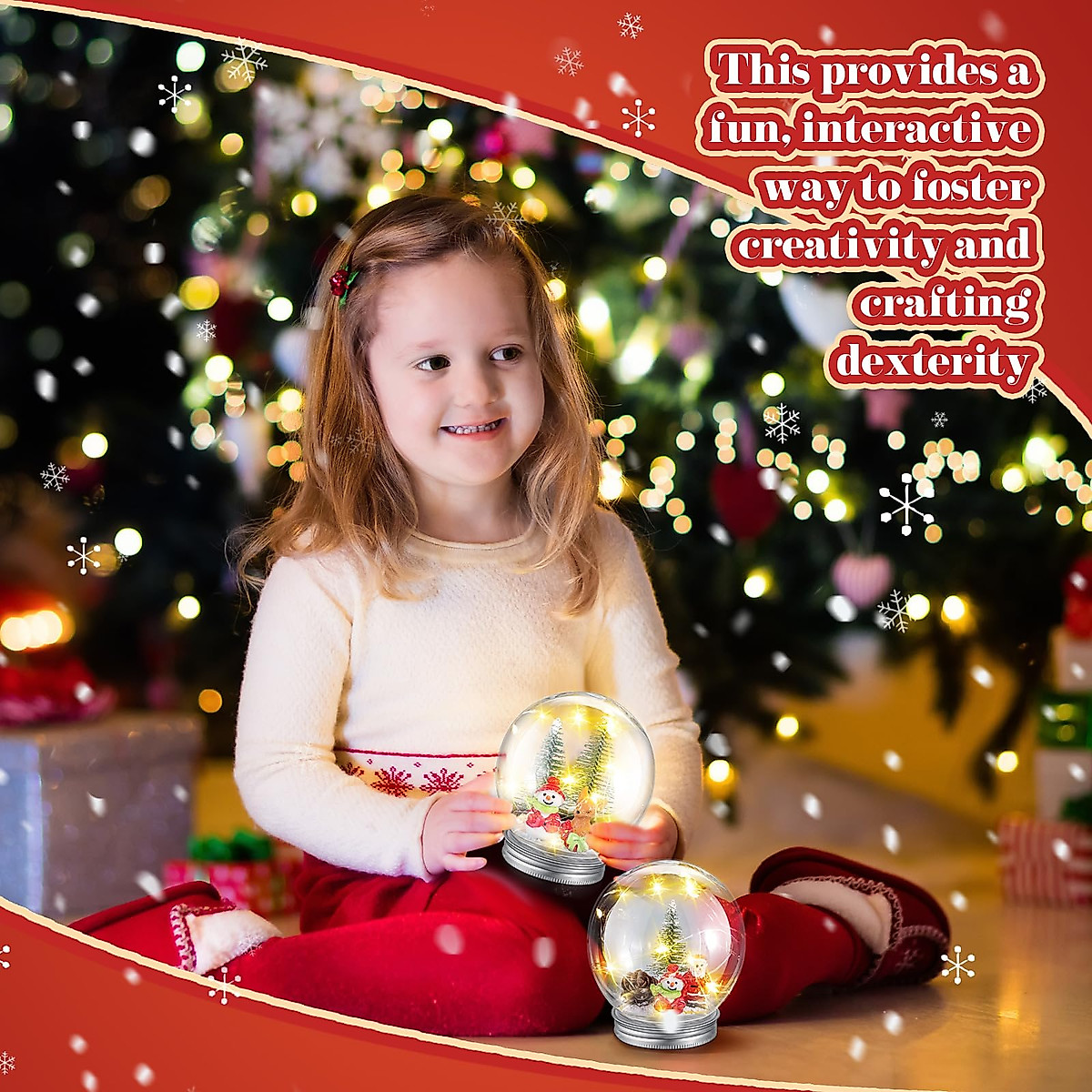 Liliful 24 Sets Lighted DIY Snow Globe Christmas Clear Plastic Snow Globe Kit with Christmas Tree Faux Snow Flake Artificial Pine Cone Santa Claus Snowmen Reindeer Stocking House for Xmas DIY Crafts