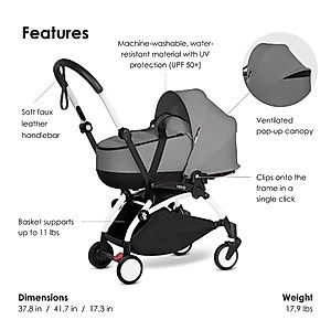BABYZEN YOYO2 White Frame + Grey Bassinet - Includes Thick Double Mattress, Ventilated Shell & Canopy