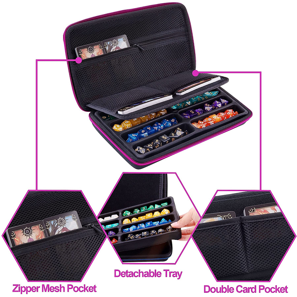 SIQUK Dice Case DND Dice Box Dice Storage Case Dice Organizer Holder with Handle Removable Slotted Tray Holds 8 Sets DND Dice for Dungeons & Dragons and Other RPG Table Games, Rose Red