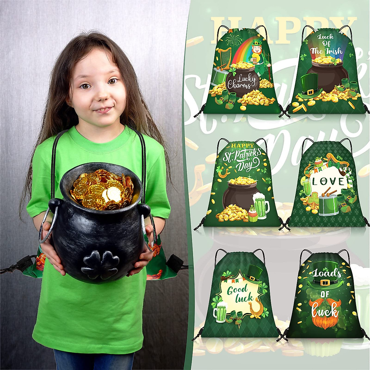24 Pcs St. Patrick's Day Drawstring Bags Shamrock Backpack Irish Theme Gift Bags Clover Printed Storage Goody Bags Treat Candy Bags for St. Patrick's Party Traveling Outdoor Supply, 6 Designs