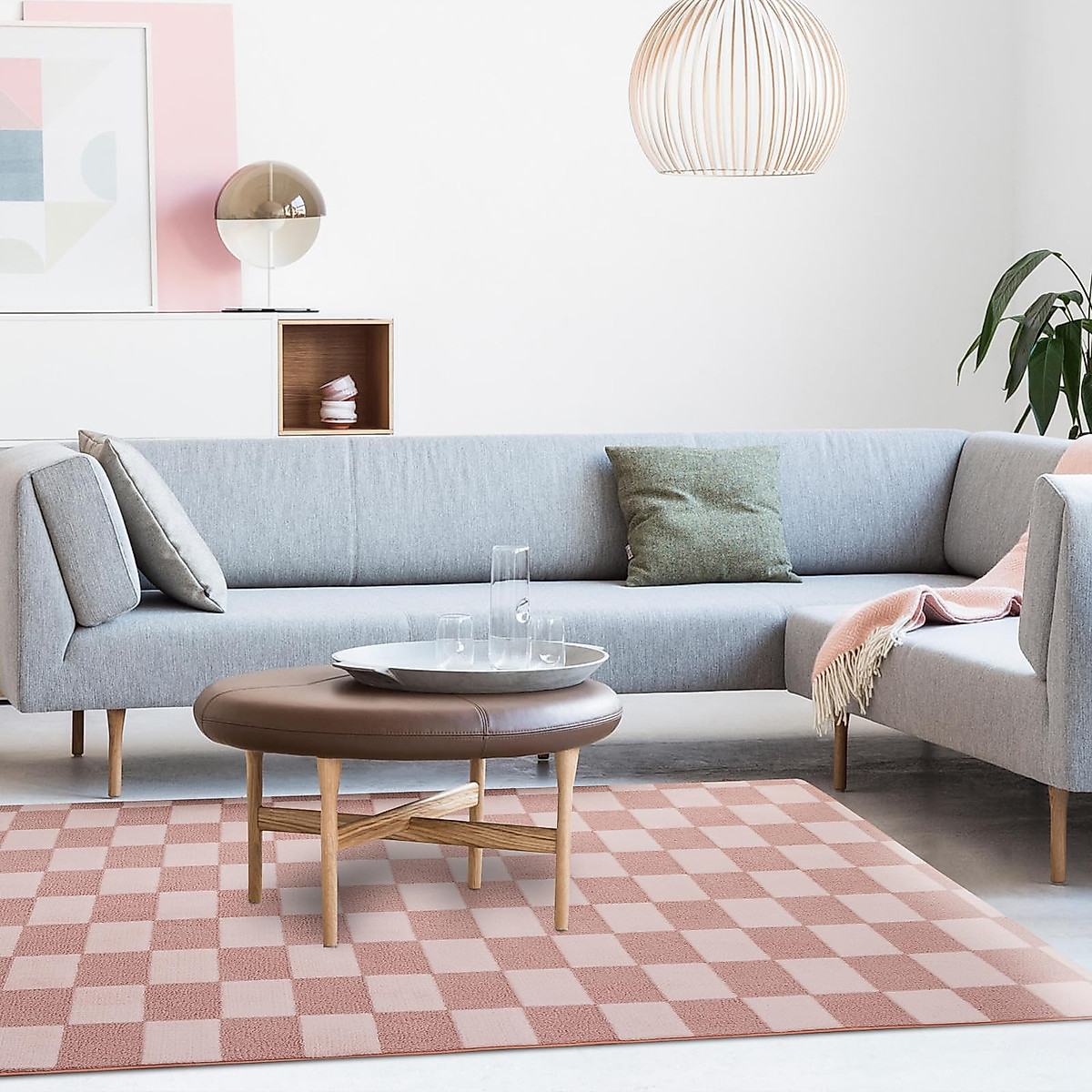 Btargot 6×9ft Light Pink Checkered Area Rug for Living Room, Princess Prince Castle Modern Abstract Checkerboard Throw Rugs Anti-Skid Fluffy Plush Carpet for Kids Boys Girls Home Nursery Decorative