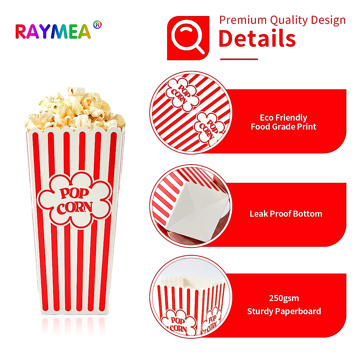 RAYMEA Popcorn Containers Disposable 46 Oz Red & White Striped 28 Pack Cardboard Popcorn Boxes for Movie Night