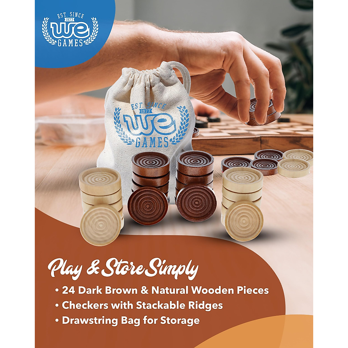 WE Games Checkers Pieces Only, Wooden Checker Board Game Pieces, 24 Dark Brown and Natural Stackable Pieces, Drawstring Storage Bag, 1.062 Diameter