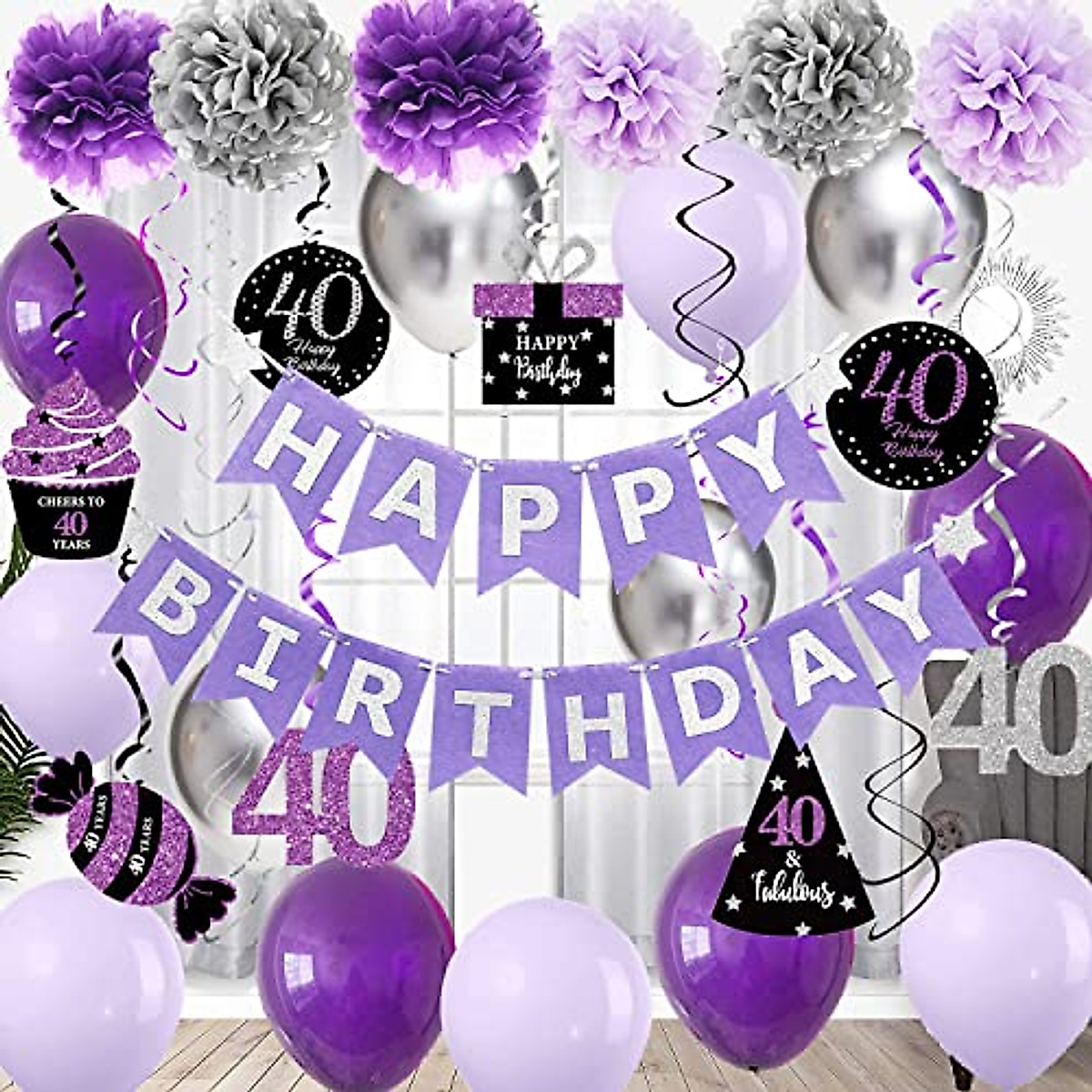 40th Birthday Decorations Women Purple Silver Black/40 Birthday Party Decorations Purple Silver Black Foil Hanging Swirls with Balloons Banner for Women 40th Birthday Party Supplies