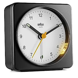 Braun Classic Analogue Alarm Clock with Snooze and Light, Quiet Quartz Sweeping Movement, Crescendo Beep Alarm in Black and White, Model BC03BW.