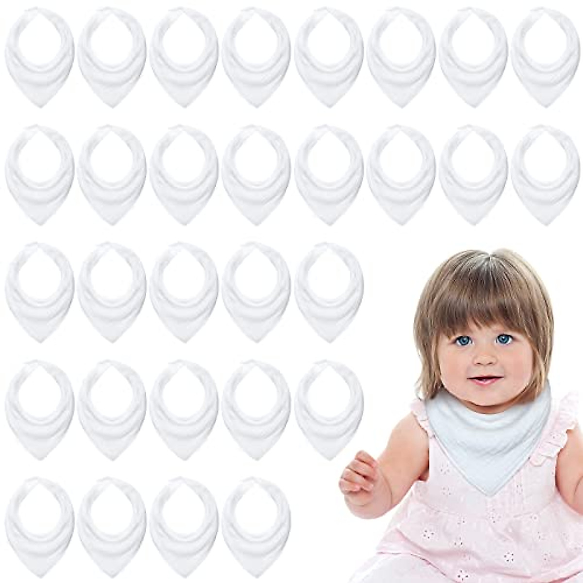30 Pcs Muslin Baby Bibs White Bandana Drool Unisex Girls Boys Triangle Bibs Soft Absorbent Solid Colors Adjustable Newborn Bibs Set for Baby Infants Toddlers Teething Drooling Feeding