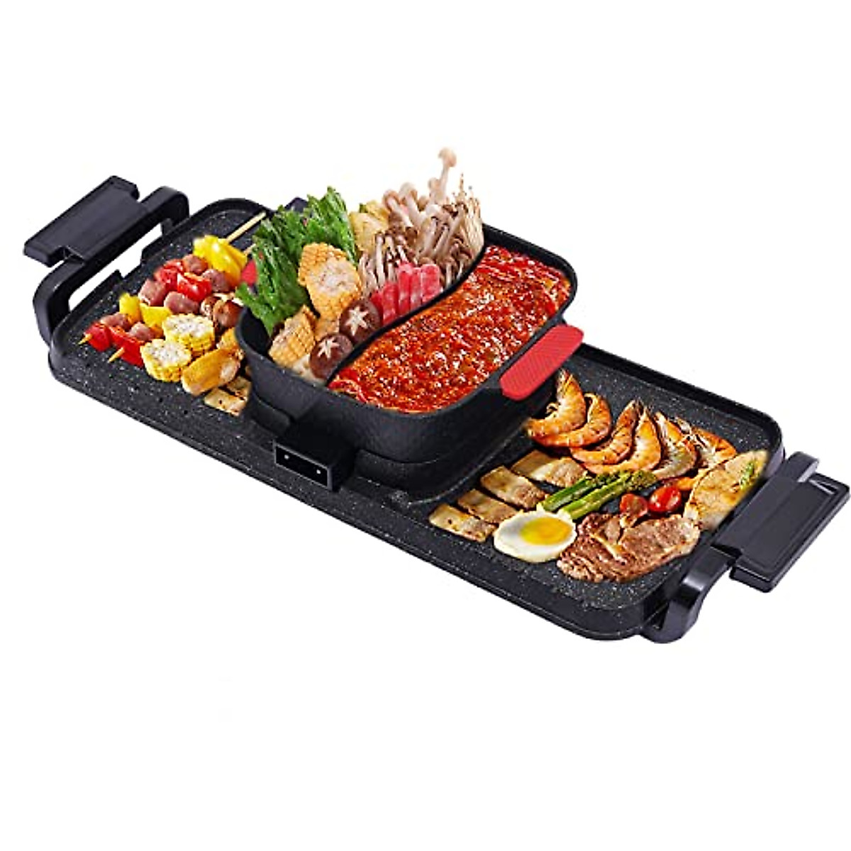 Electric Hot Pot with Grill Shabu-shabu Hotpot Korean BBQ Grill 5-Fires Adjustable Seperate Dual Temperature Control Non-Stick Hotpot & BBQ Grill Smokeless for 2-10 People