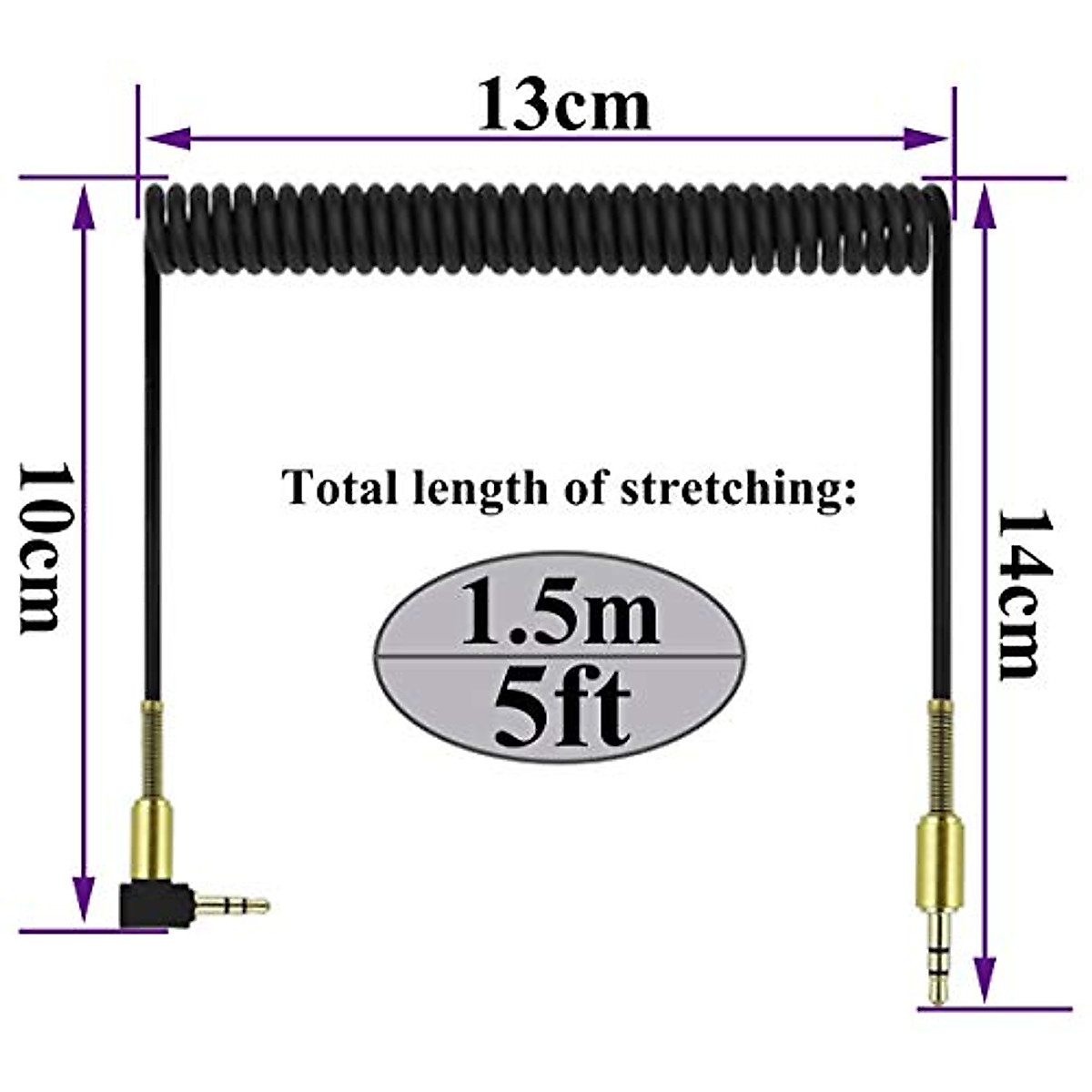 AAOTOKK 3.5mm Coiled Cable 90 Degree Right Angle 3-Pole 3.5mm Male to 3.5mm Male Right Angle TRS Jack Stereo Audio Spring Aux Cable for All 3.5mm-Enabled Smartphones,Tablet and MP3 Players(1.5m)