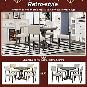 WOZNLA 5-Piece Round Kitchen Dining Table Set - Curved Trestle Style Legs, 4 Upholstered Chairs Included