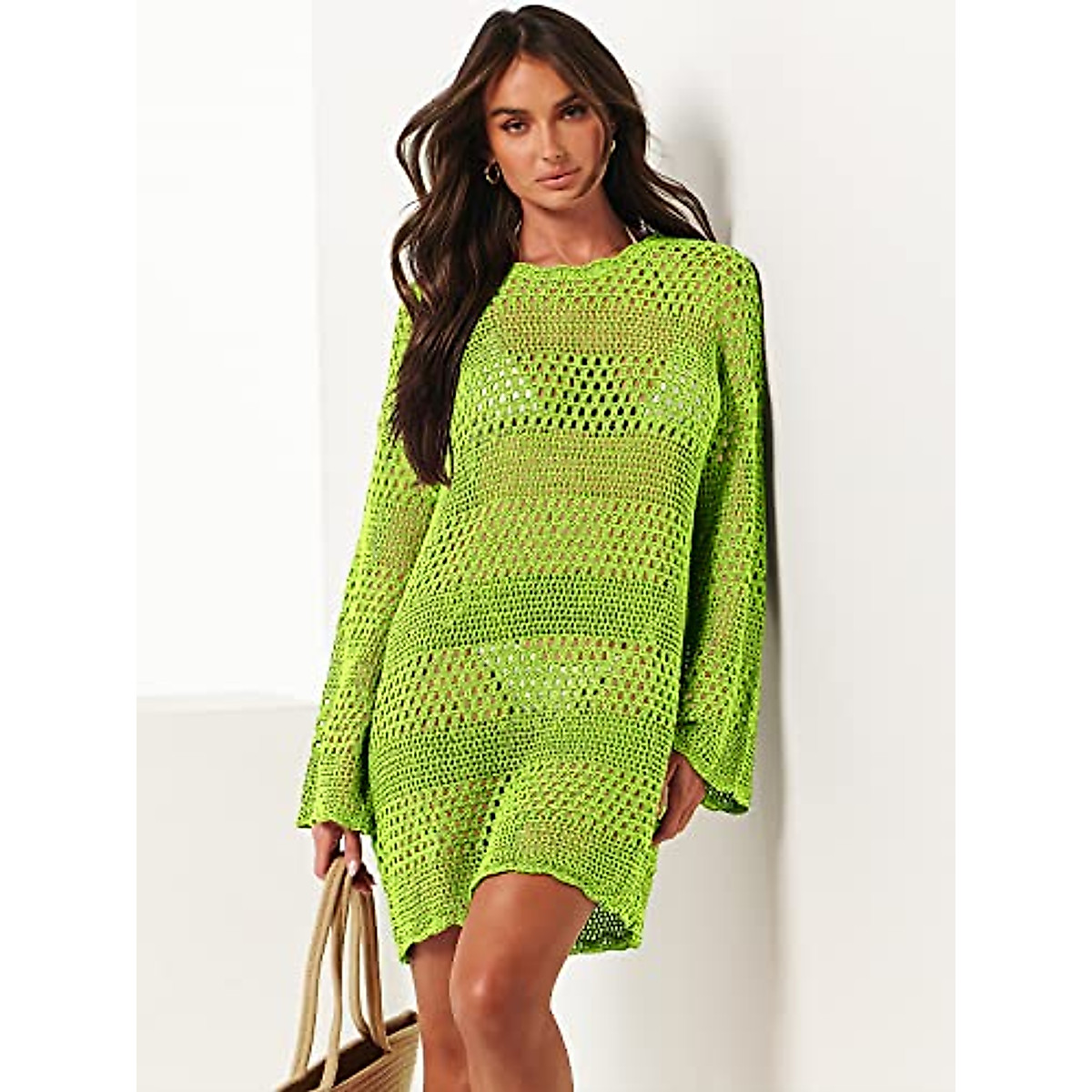 ANRABESS Women Swimsuit Crochet Swim Cover Up Summer Bathing Suit Swimwear Knit Pullover Beach Dress 958yingguanglv-L