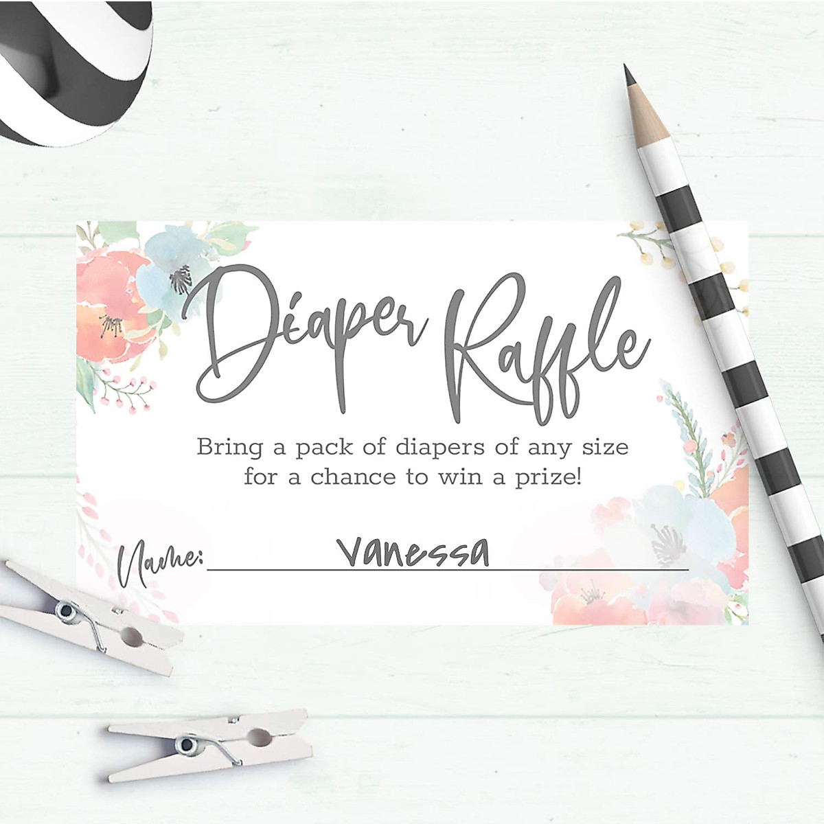 Canopy Street Watercolor Floral Diaper Raffle Tickets For Baby Shower, Sprinkle Or Gender Reveal Party / 50 Pastel 3.5” x 2” Cards