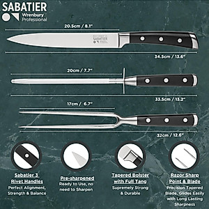 Sabatier Turkey Carving Knife Set for Meat - Carving Knife and Fork Set - Meat Carving Kit with Sharpening Steel - Set of 3 - Carving Sets for Meat - Cuts Meat Like Butter - Wooden Gift Box