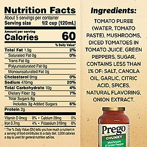 Prego Chunky Mushroom and Green Pepper Pasta Sauce, 23.75 Oz Jar (Case of 6)