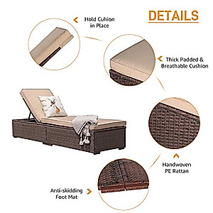 Patiorama Patio Chaise Lounge Chair, Sun Lounger, Outdoor Pool Beach Brown PE Rattan Wicker Reclining Chair W/Adjustable Backrest, Weather Cover, and Removable Cushion (Beige), Set of 2