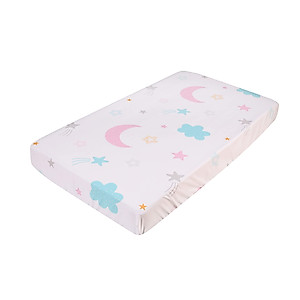 Baby Crib Fitted Sheet, 1 PC Moon Star Cloud Baby Girl Crib Fitted Sheet White Pink Blue