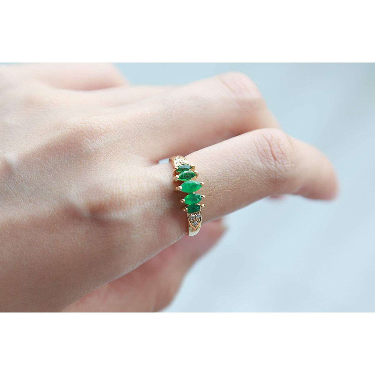 Gin & Grace 10K Yellow Gold Natural Zambian Emerald Ring with Natural Diamonds|Ethically, authentically & organically sourced Marquise-Cut Emerald hand-crafted jewelry for her | Emerald Ring
